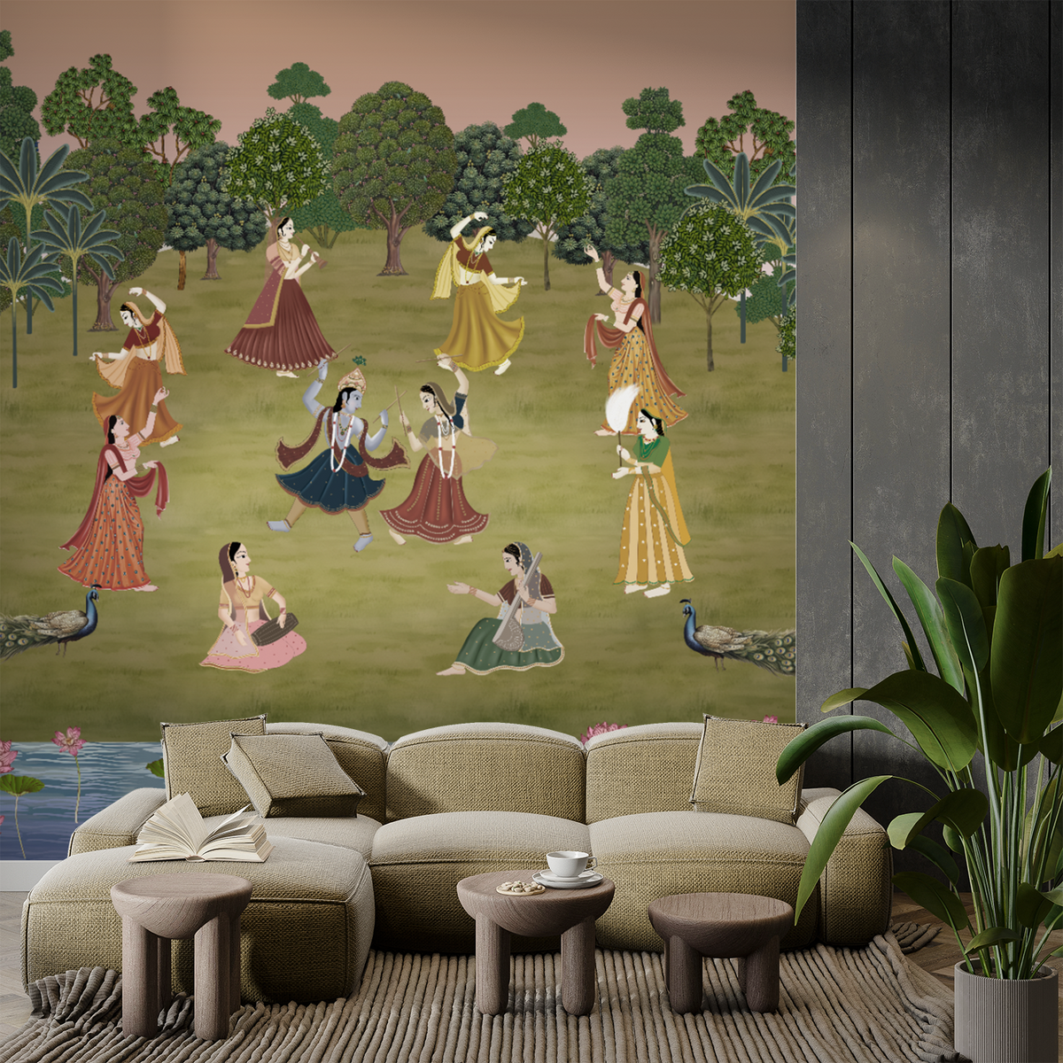 Krishna Raas Leela Wall Mural – Divine Dance with Gopis in Vrindavan G ...